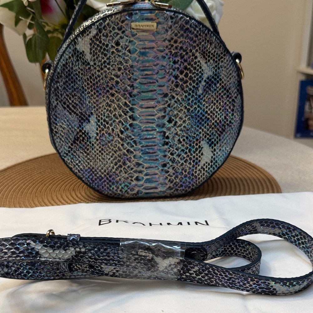 Brahmin New Iridescent Blue Snake Pattern Circle Bag - Gem
